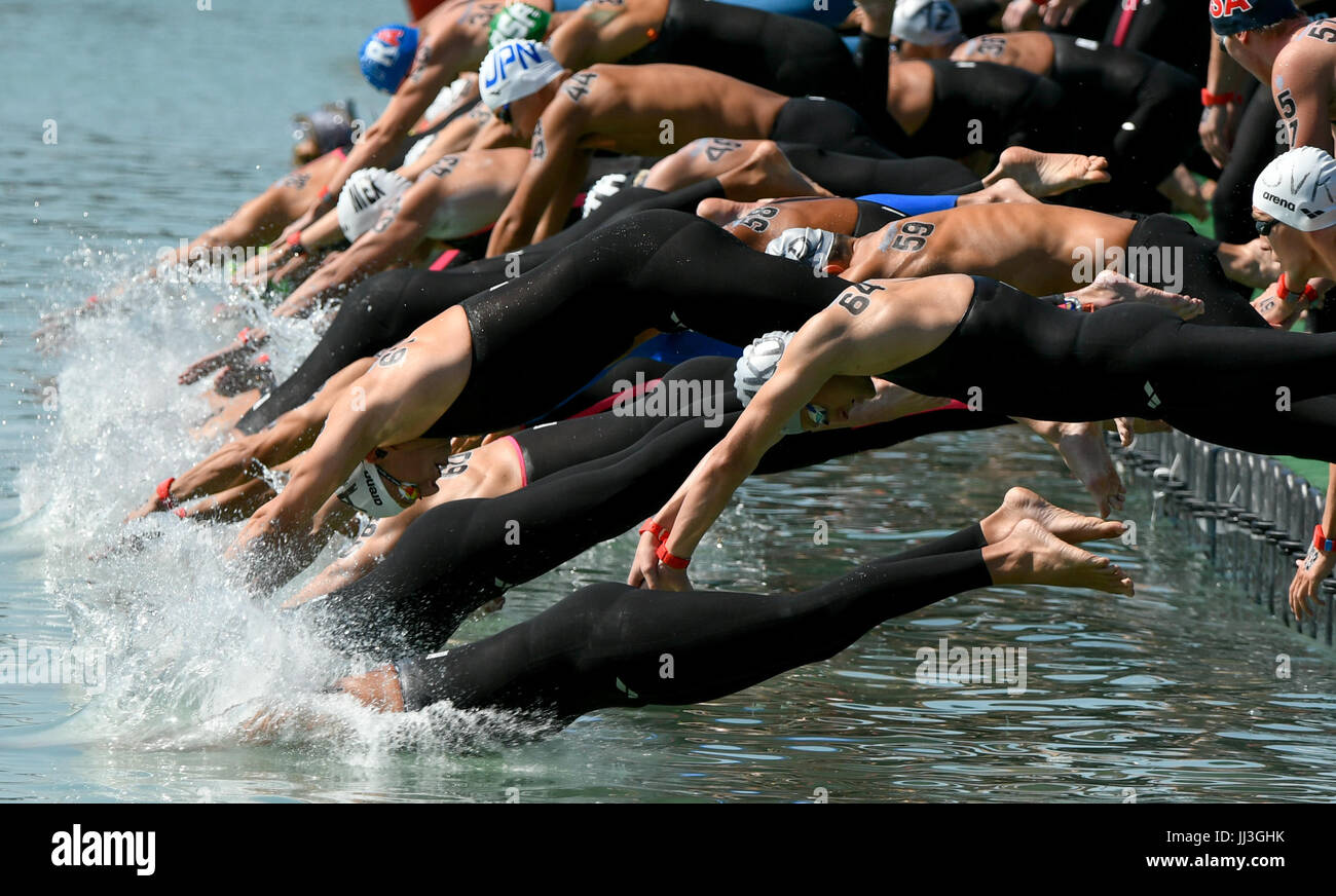 Budapest, Hungary, 18 July 2017. Swimmers dive into the water at the ...