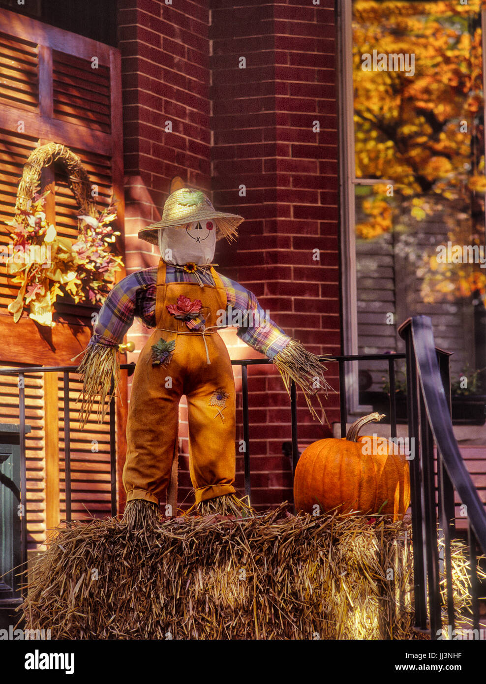 Happy scarecrow on front porch of private home, hay and large pumpkins ...