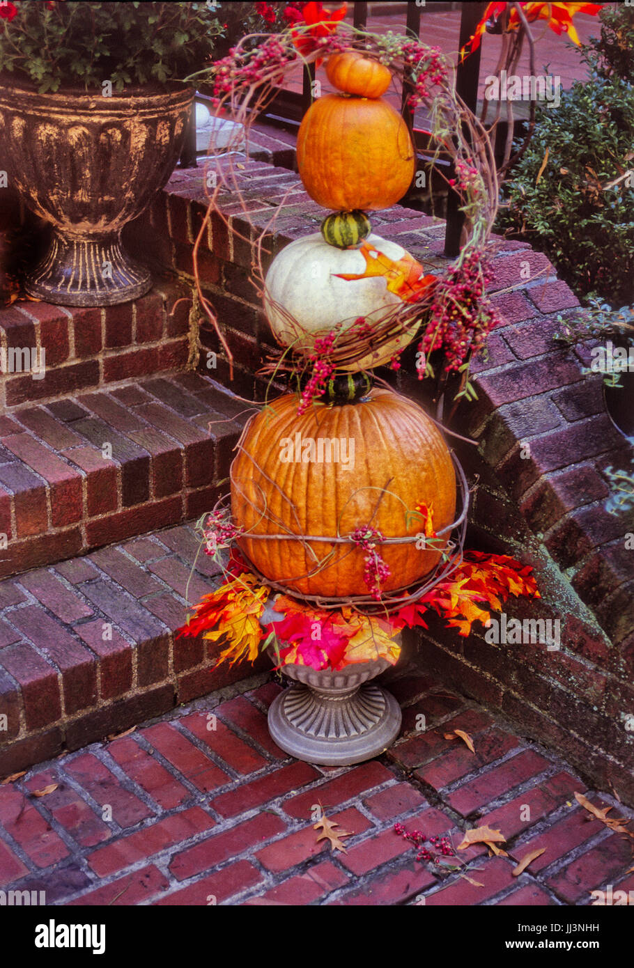 Stacked pumpkin display in front of private home. Brick steps Stock ...