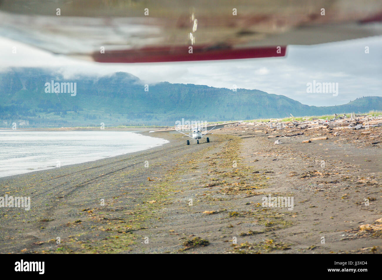 Airplane landing on the beach, Hallo Bay, Katmai Nationalpark, Alaska ...