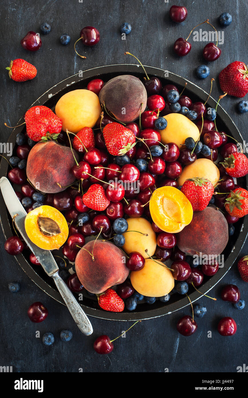Fresh Ripe Summer Berries And Fruits Peaches Apricots Cherries And