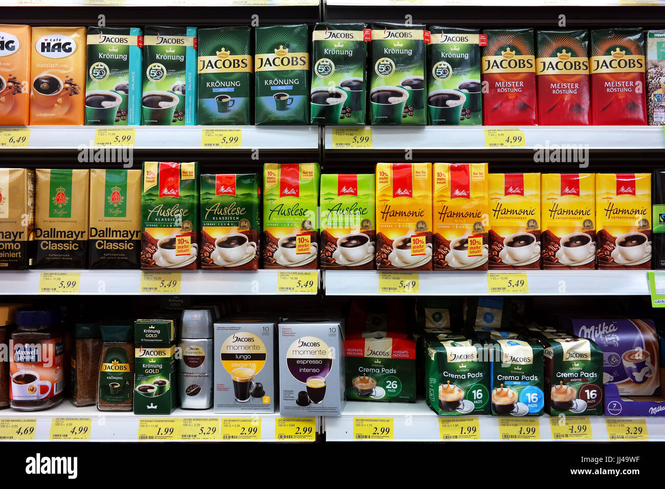 Shelves with an assortment of coffee packings in a Supermarket Stock ...