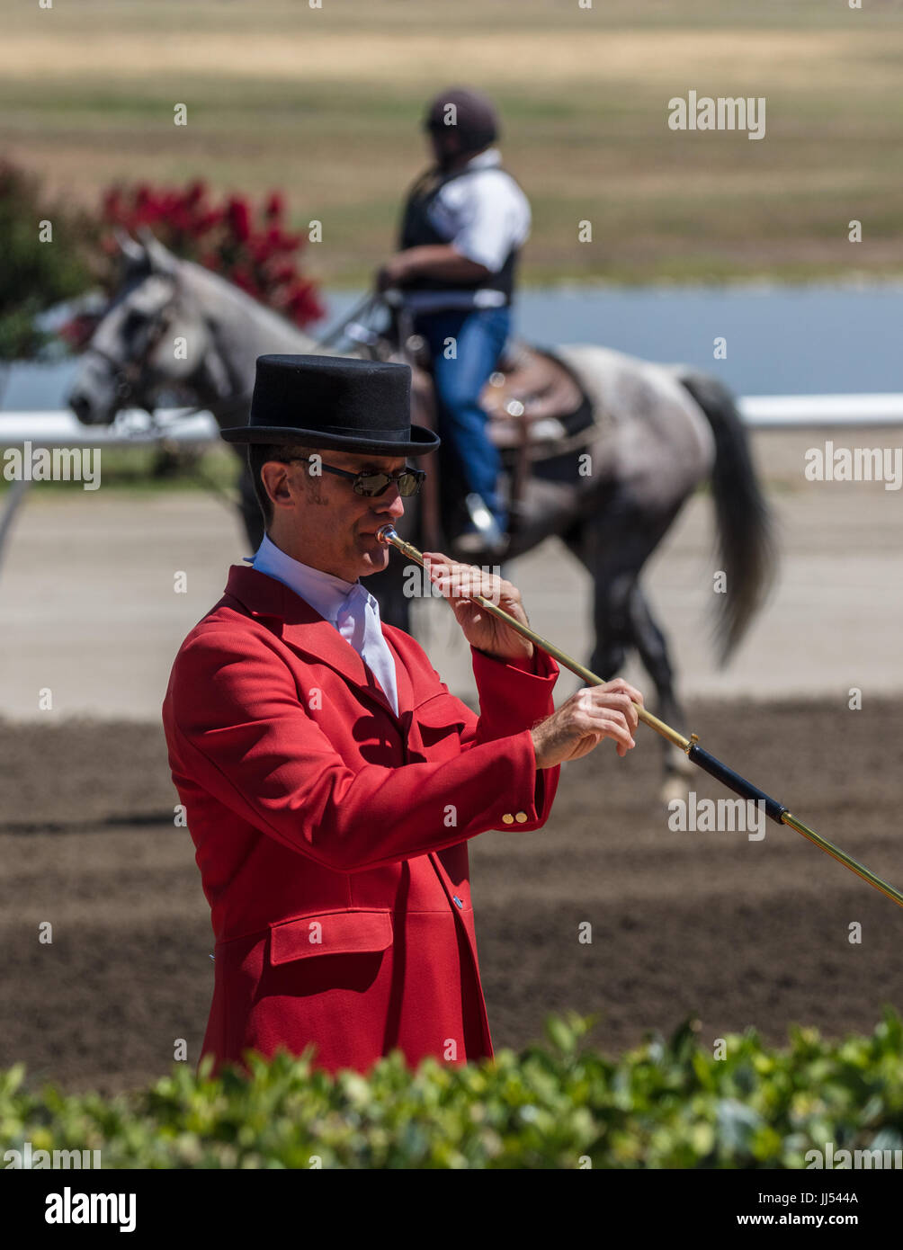 Bugler in top hat and coat plays Cal to the Post at the horse races in ...