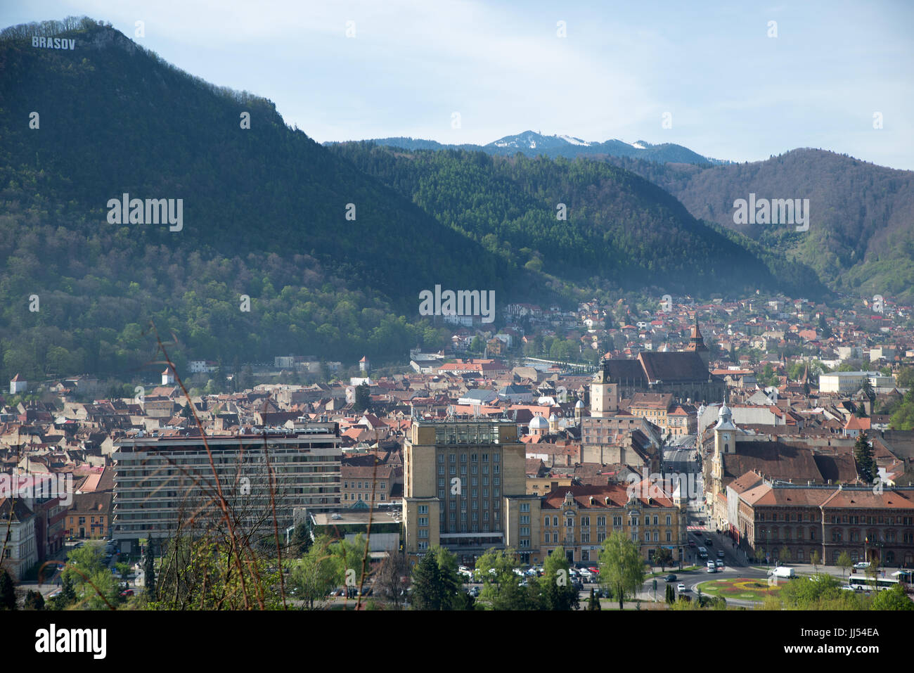 Panoramic view of Brasov center from the Citadel, Transylvania, Romania ...