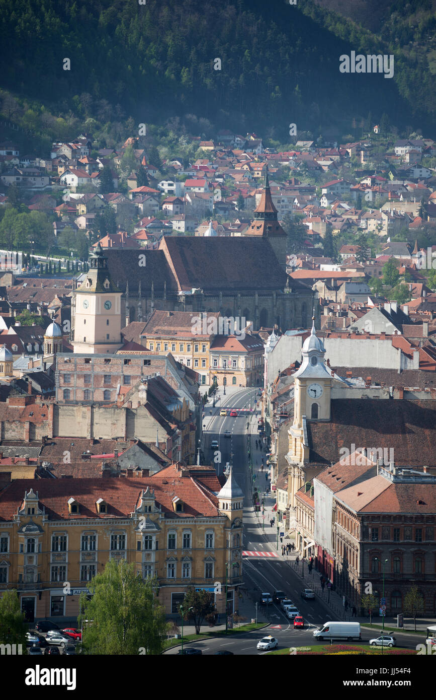 Panoramic view of Brasov center from the Citadel, Transylvania, Romania ...