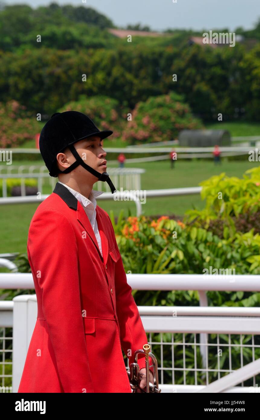 Chinese bugler in jockey gear begins Emirates Singapore Derby at Kranji ...