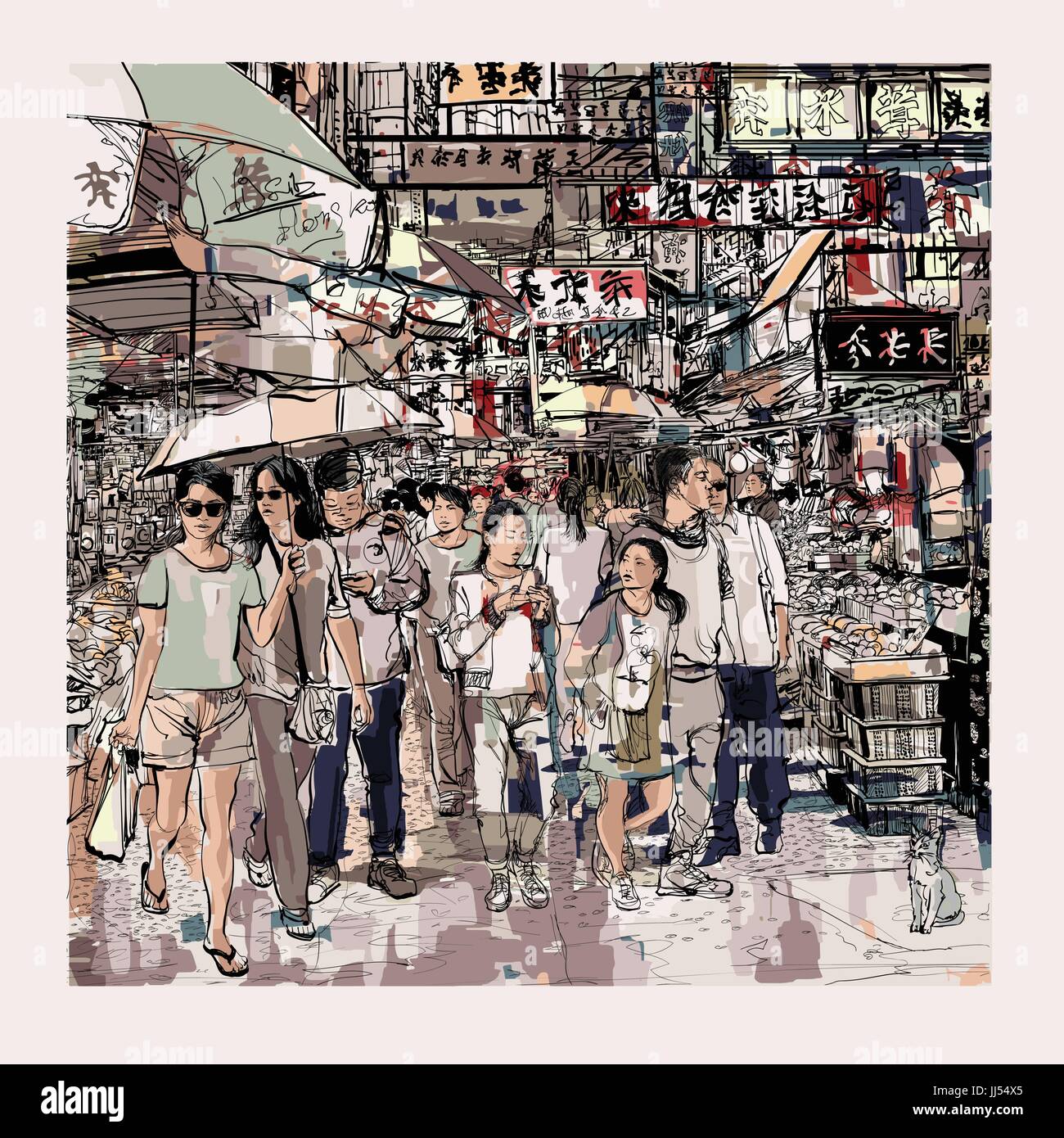 Hong Kong, people in a street - vector illustration Stock Vector Image ...