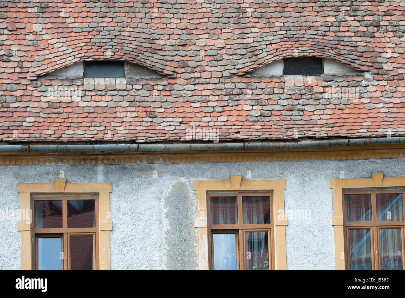 Eye-shaped windows on the tiled roofs of Sibiu, Transylvania, Romania ...