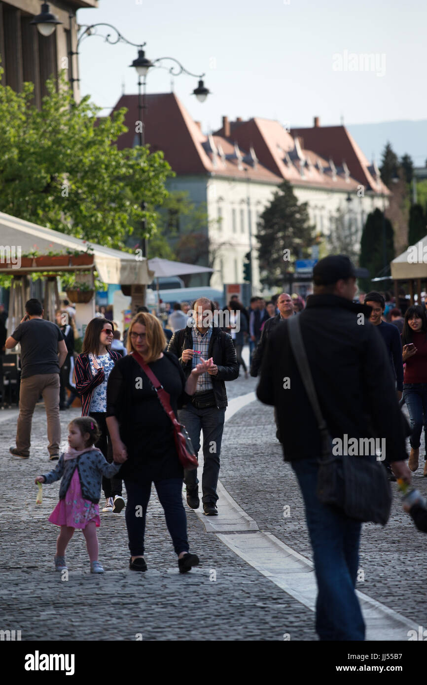 People walking on the streets of old city center of Sibiu, Transylvaia ...