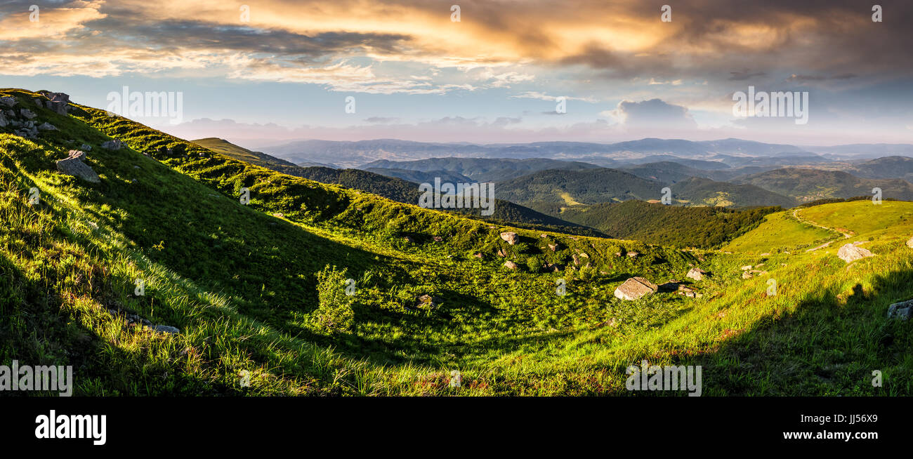 panorama of mountain ridge with peak behind the hillside. beautiful ...