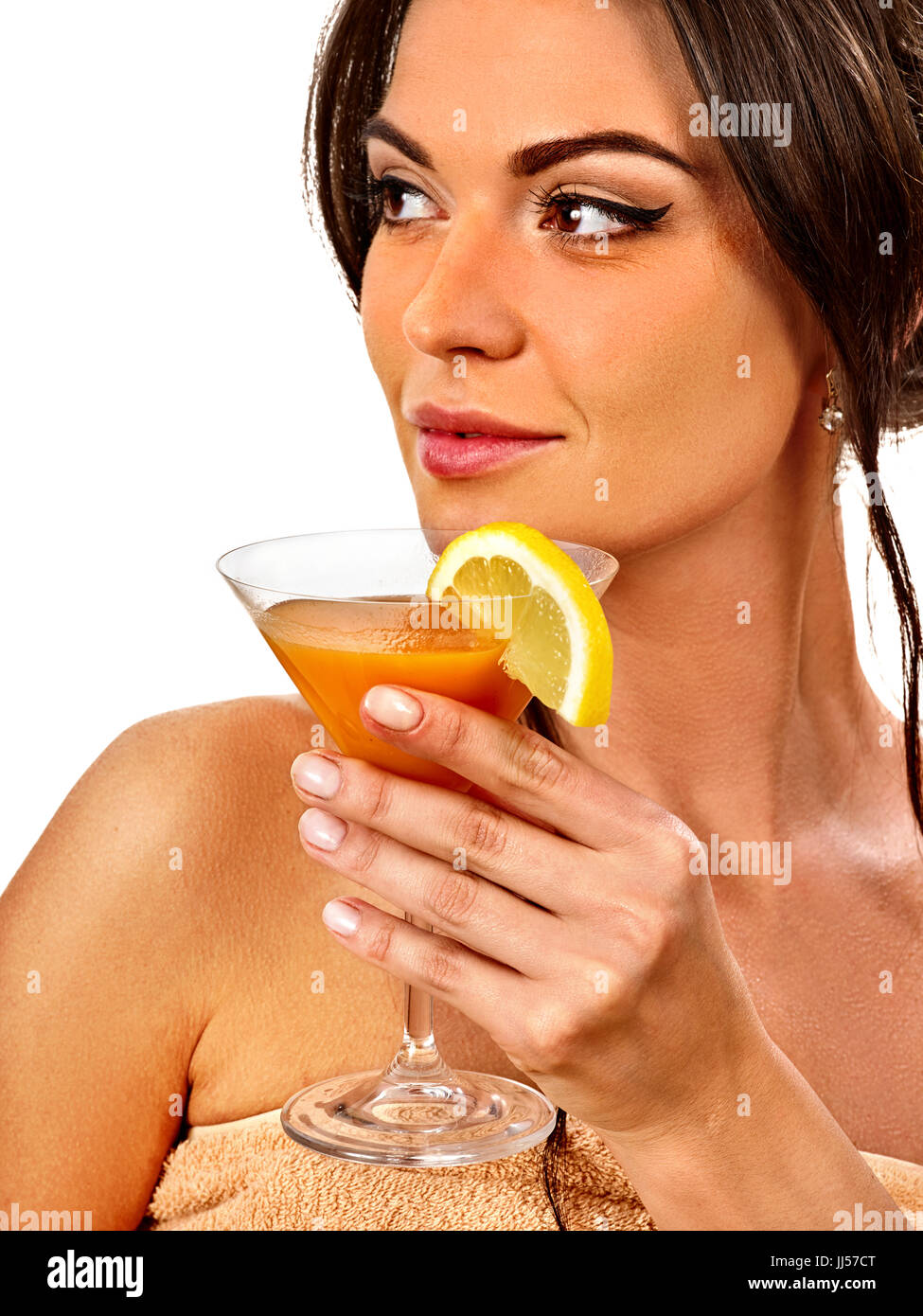 Girl drinking fruit cocktail on summer party. Woman fruits hairstyle ...