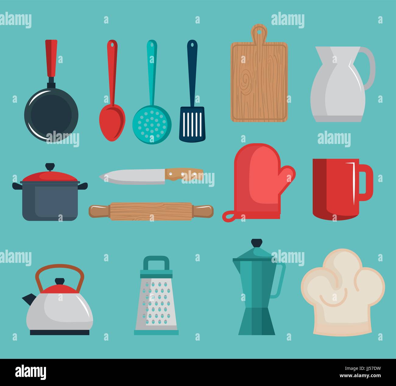 Colorful kitchenware set over teal background vector illustration Stock ...