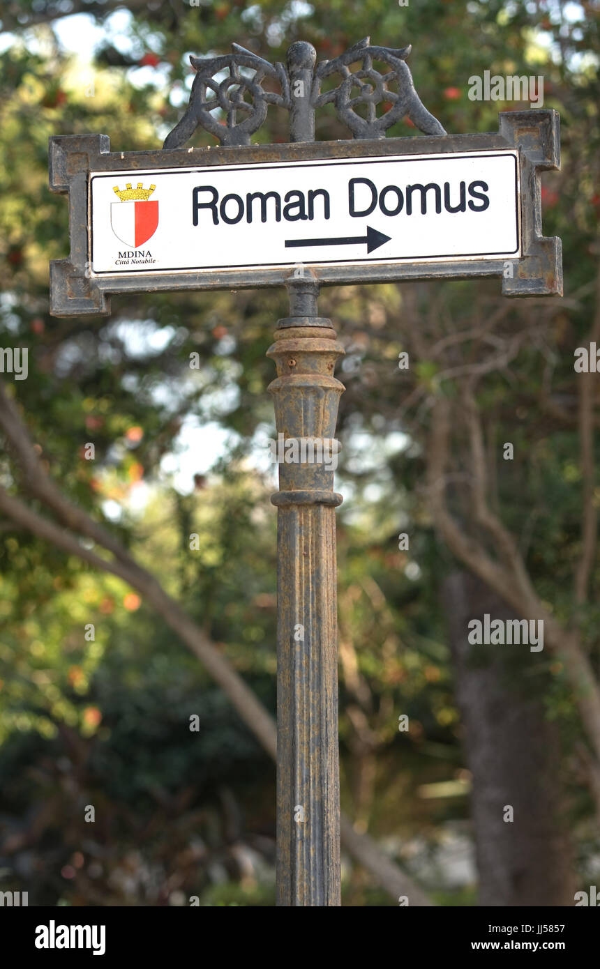Malta, Rabat: Information sign pointing the way to the ancient Roman ...
