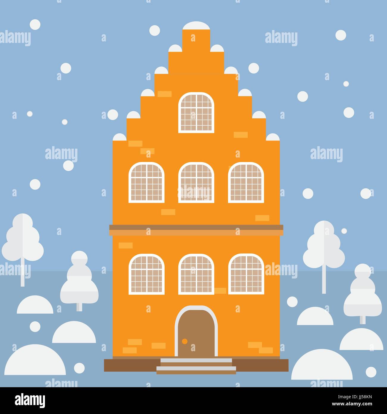 Vector illustration house in the snow. Design element for postcard ...