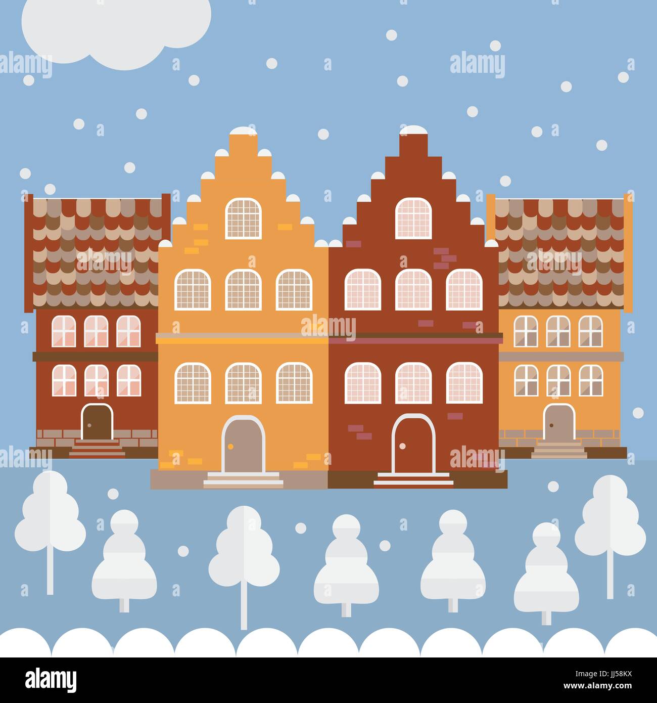 Vector illustration houses in the snow. Design element for postcard ...