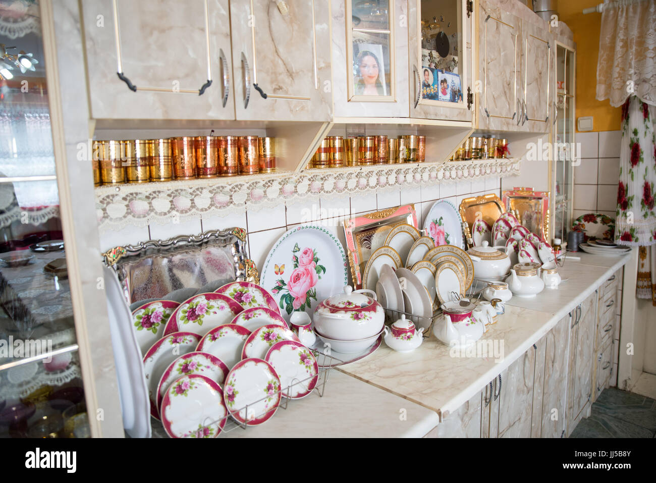 Pots and dishes on display in the kitchen of a Gabor family house ...