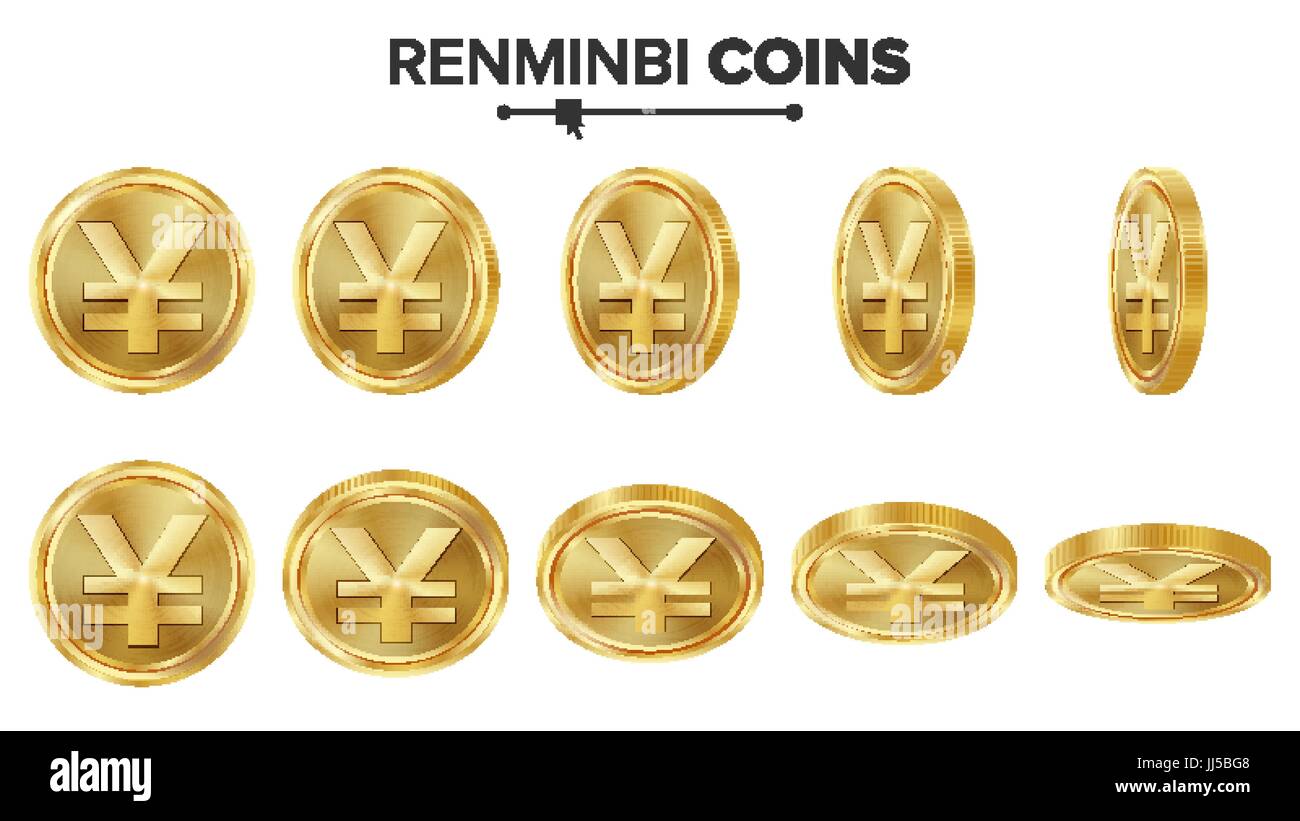 Renminbi 3D Gold Coins Vector Set. Realistic Illustration. Flip ...