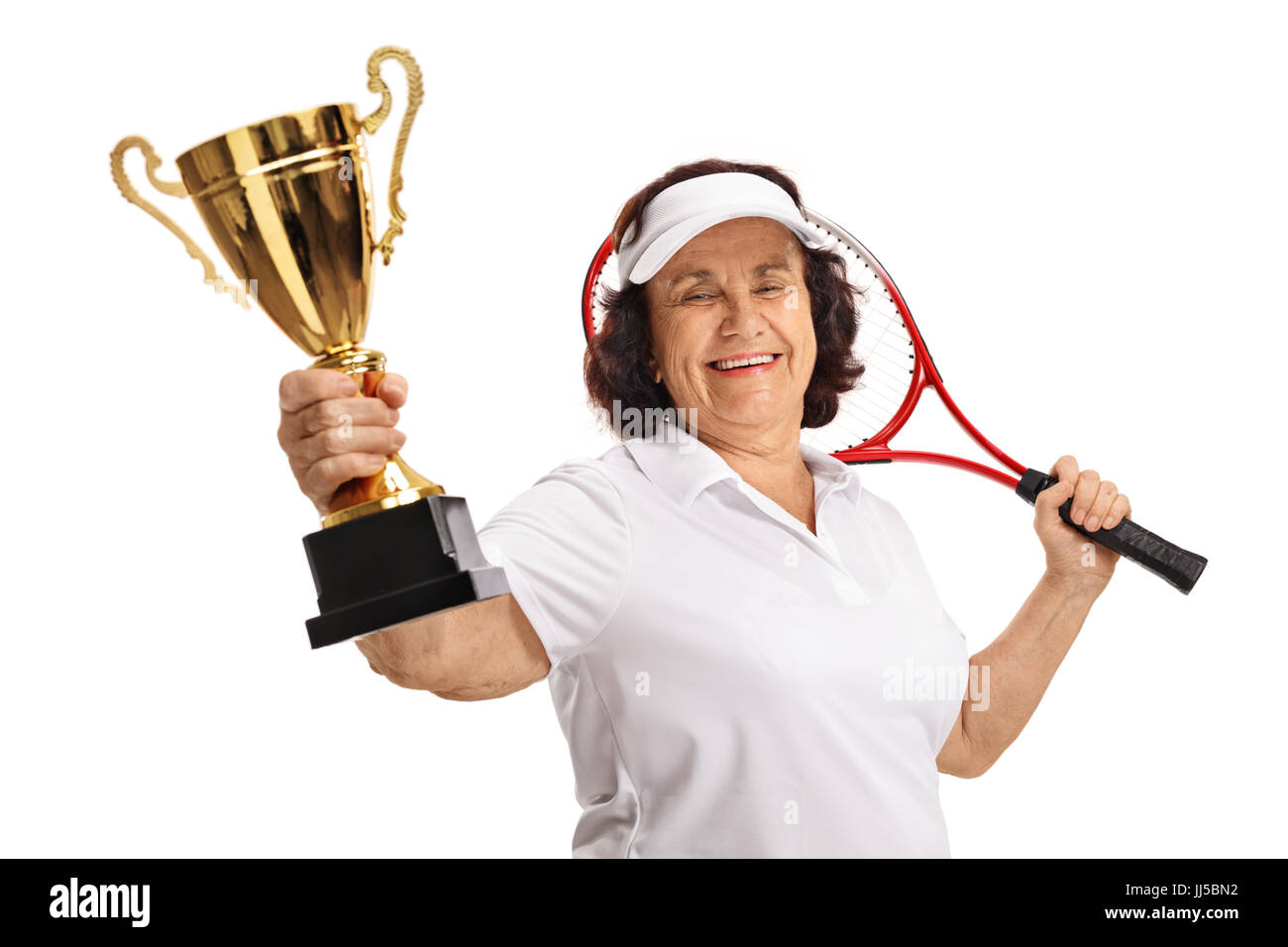 Elderly tennis player with a golden trophy and a racket isolated on ...