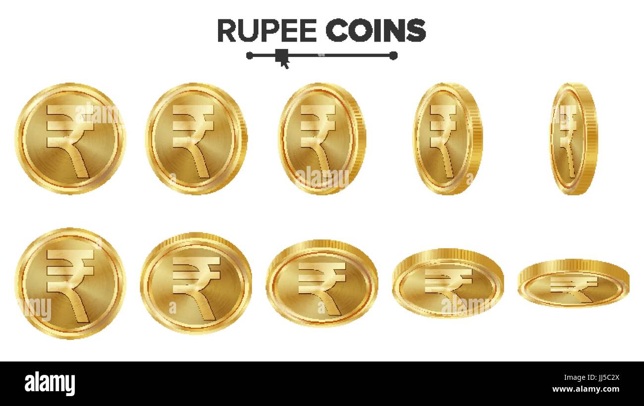 Rupee 3D Gold Coins Vector Set. Realistic Illustration. Flip Different ...