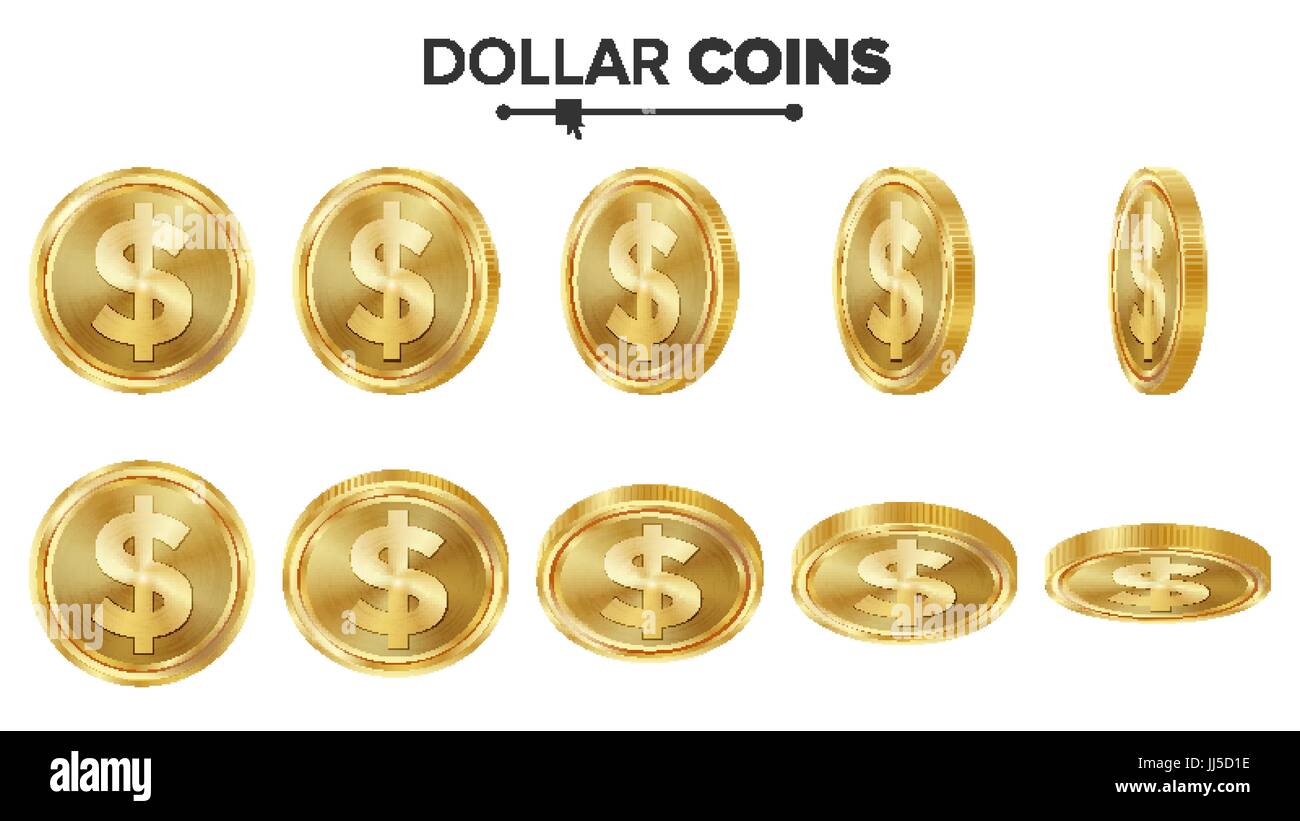 Dollar 3D Gold Coins Vector Set. Realistic Illustration. Flip Different ...