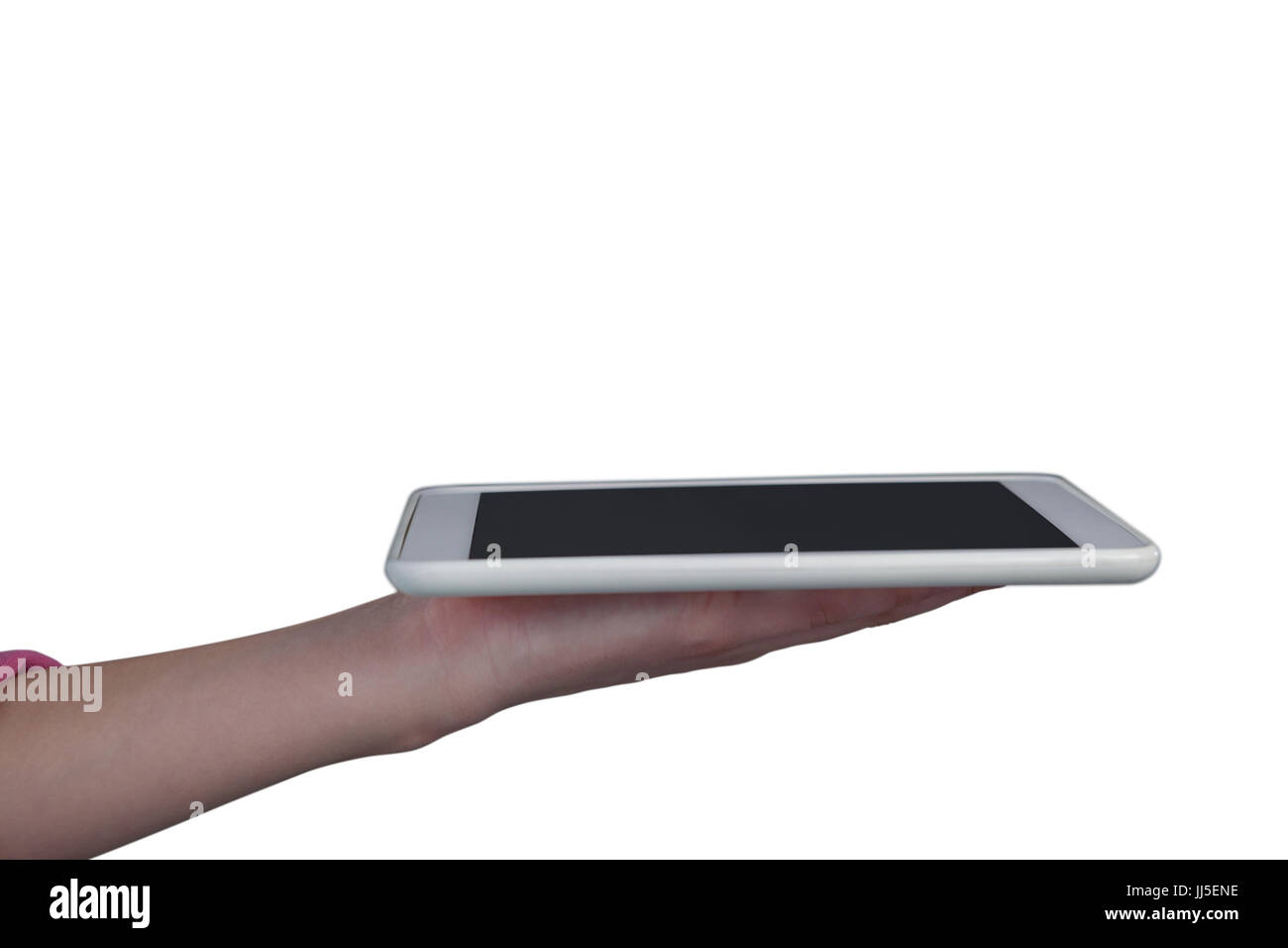 Girl holding digital tablet against white background Stock Photo - Alamy