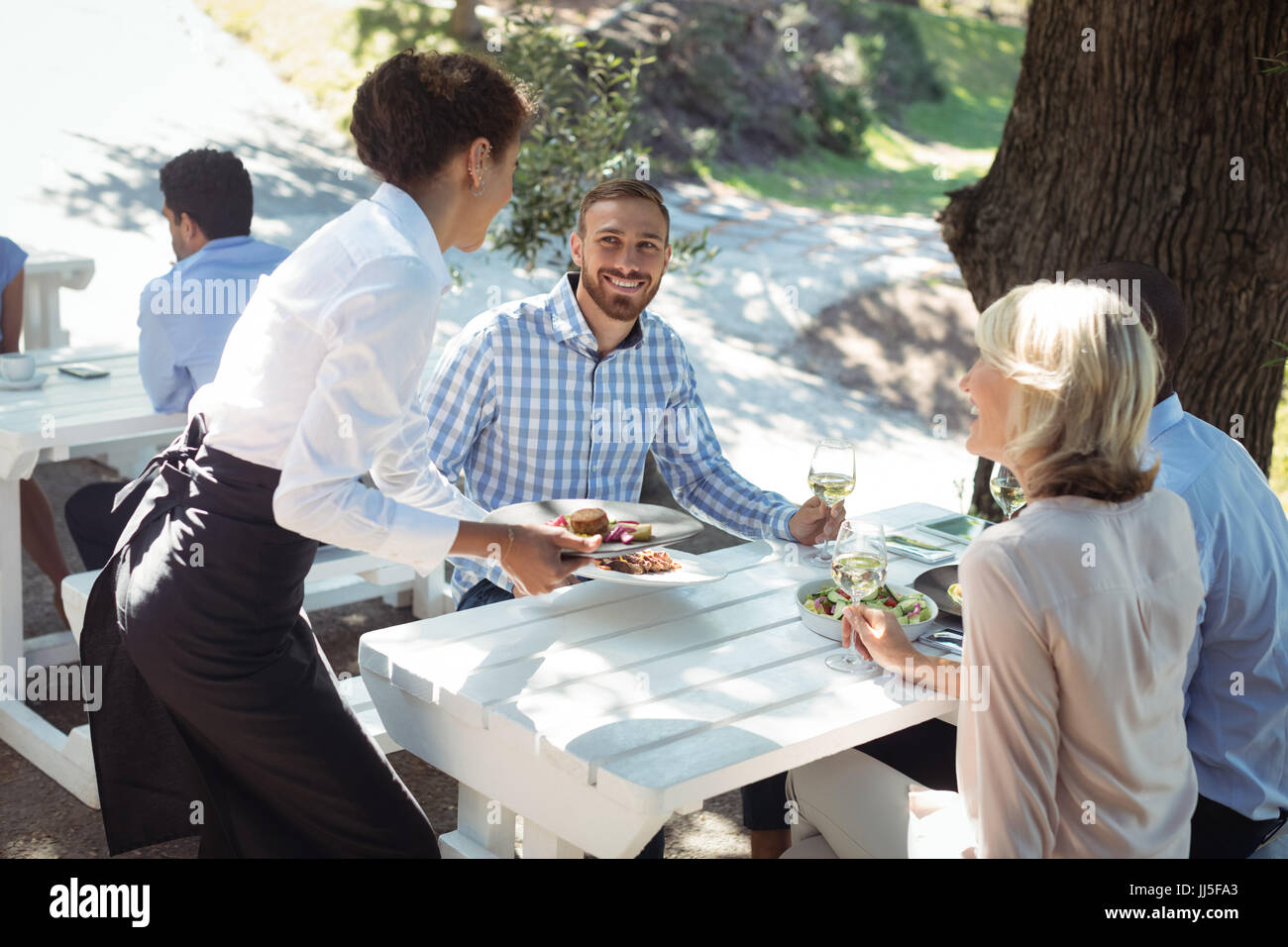 Waitress serving food to customers in restaurant Stock Photo - Alamy