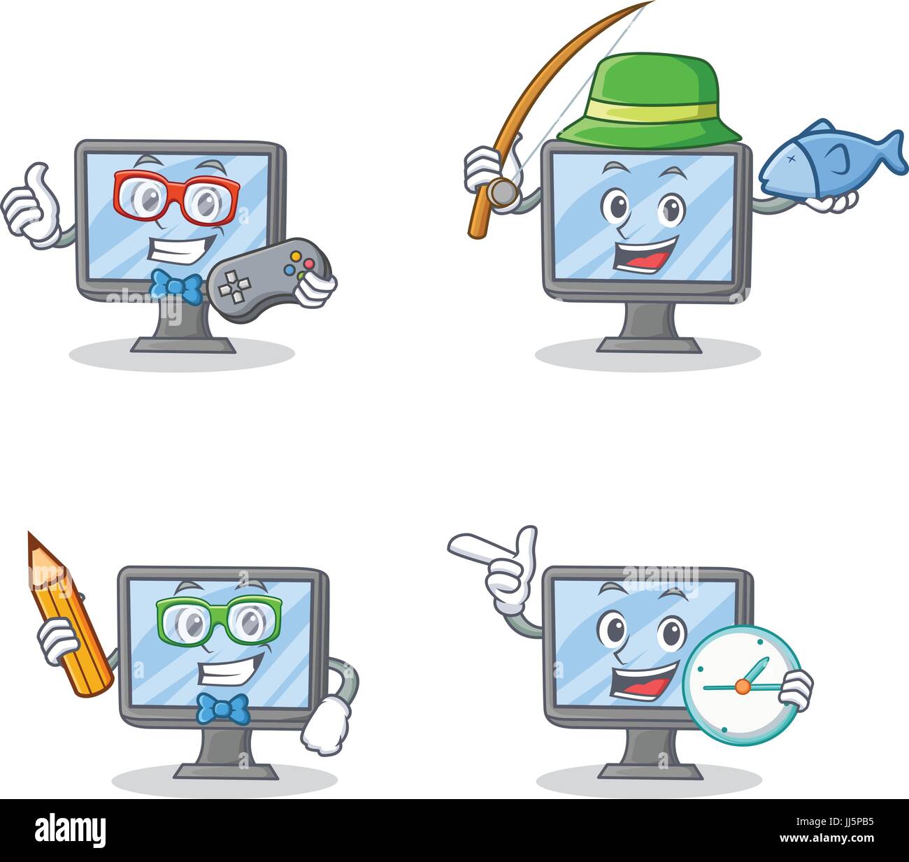 Set of monitor character with gamer fishing school and clock Stock ...