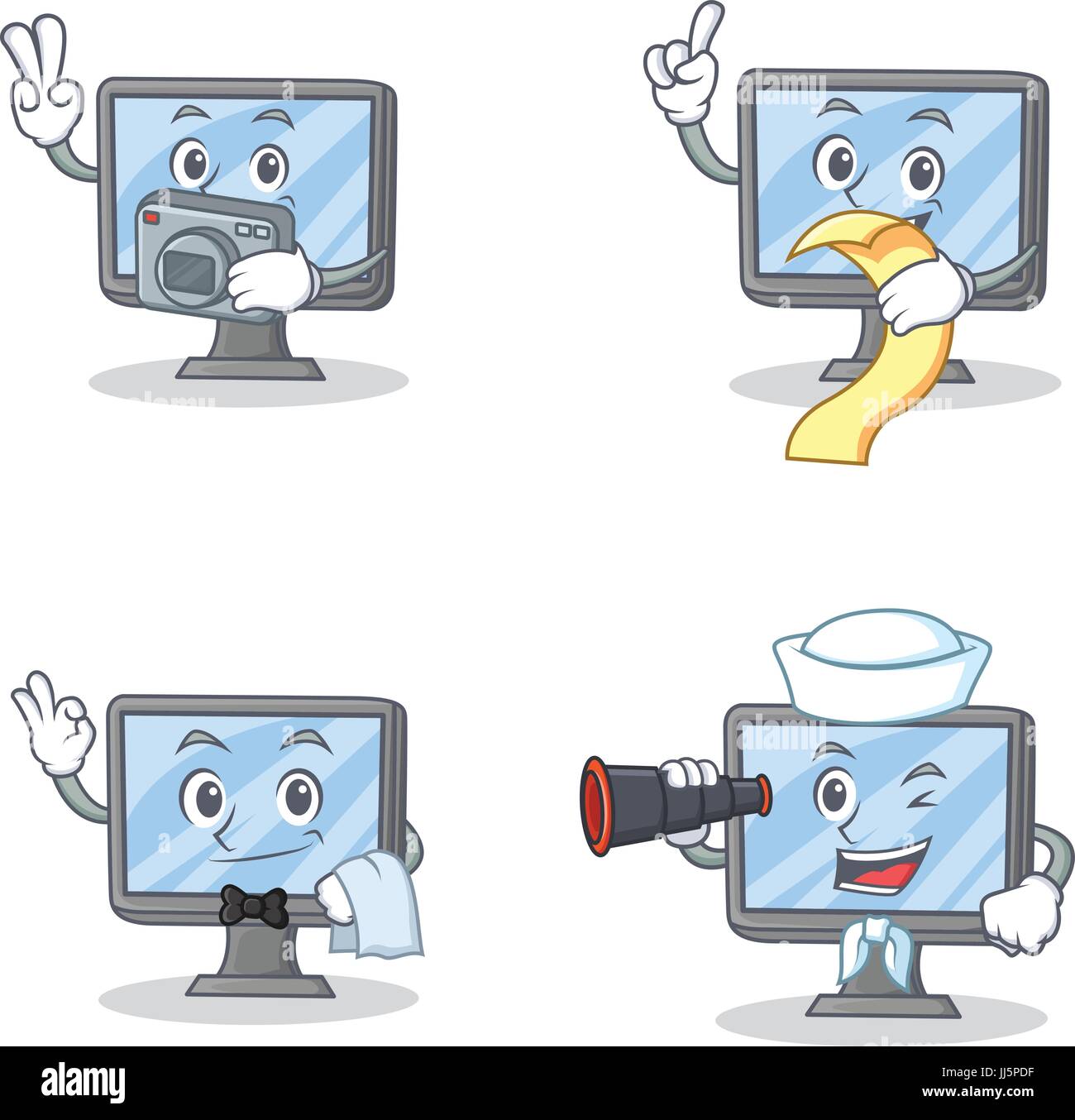 Set of monitor character with photographer menu waiter binoculars Stock ...