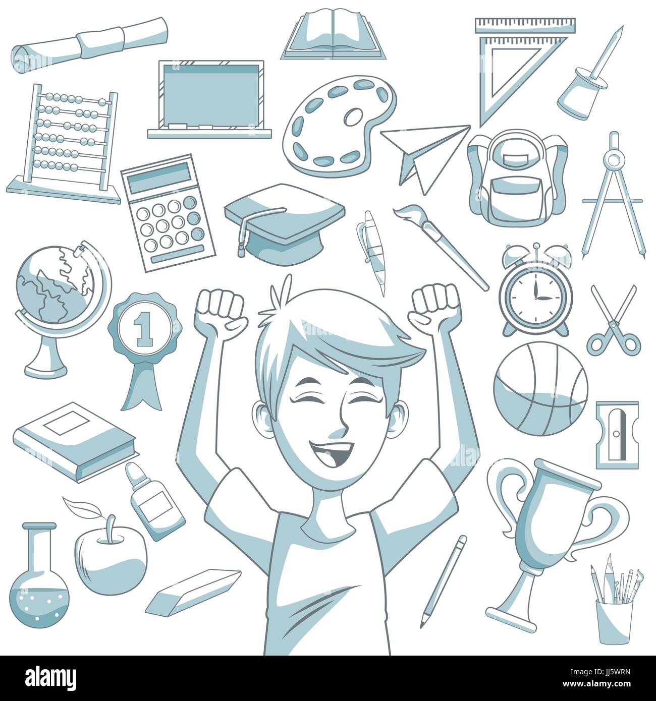 white background with color silhouette shading of set school elements ...