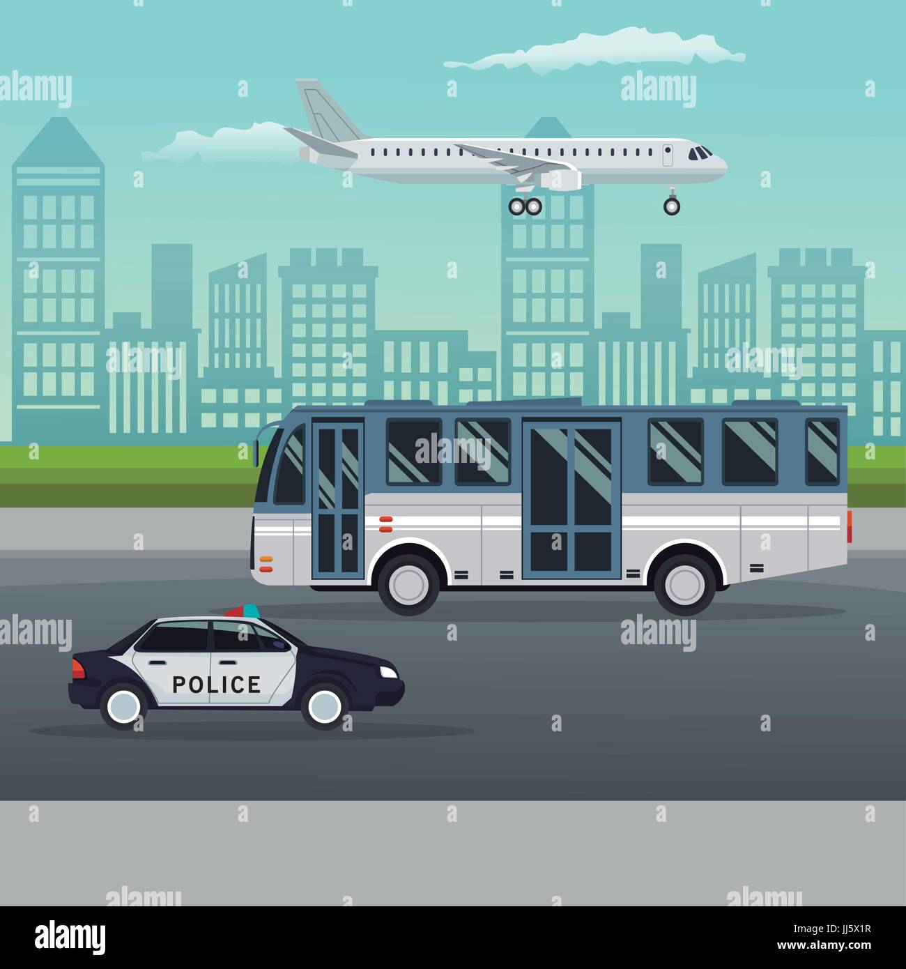 color background city landscape with bus and police car vehicle ...