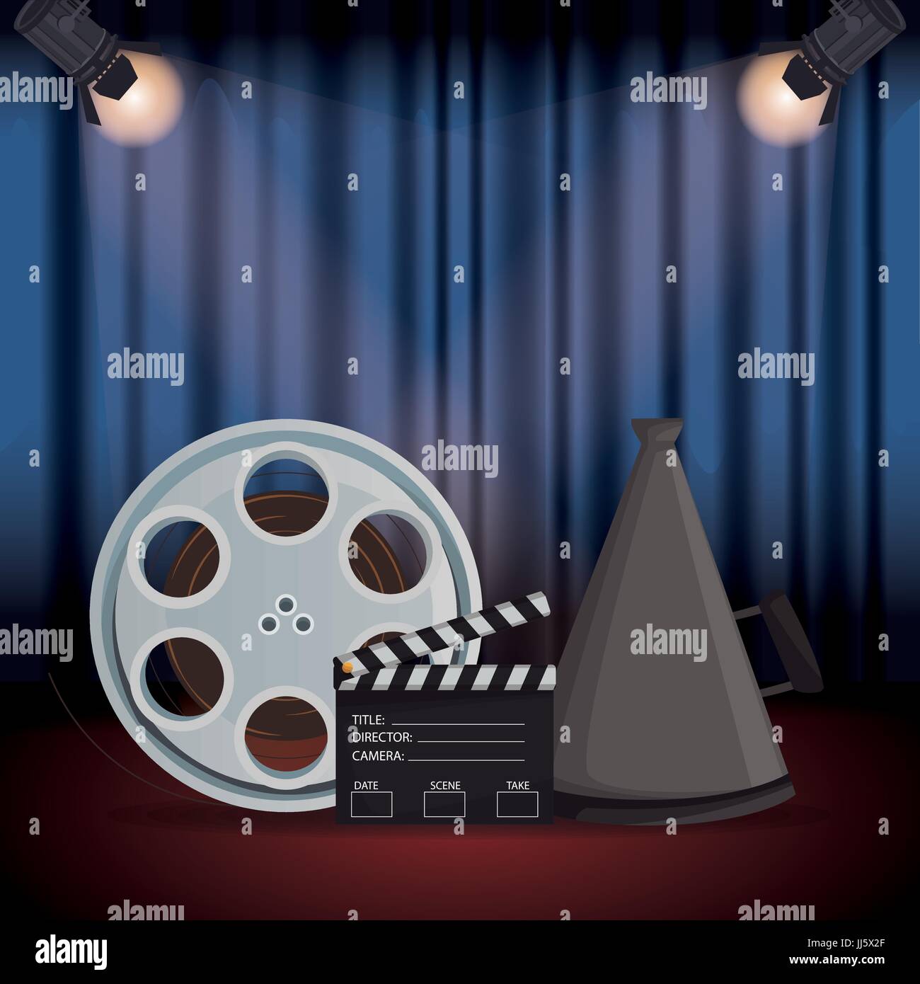color background stage cinema curtain with spotlights and film reel and ...