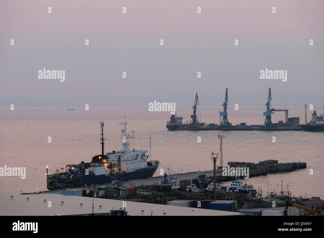 View of the port of Korsakov town on the shores of Aniwa Bay, or Aniva ...