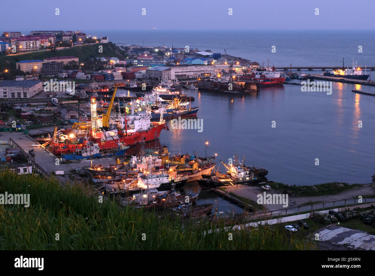 View of the port of Korsakov town on the shores of Aniwa Bay, or Aniva ...