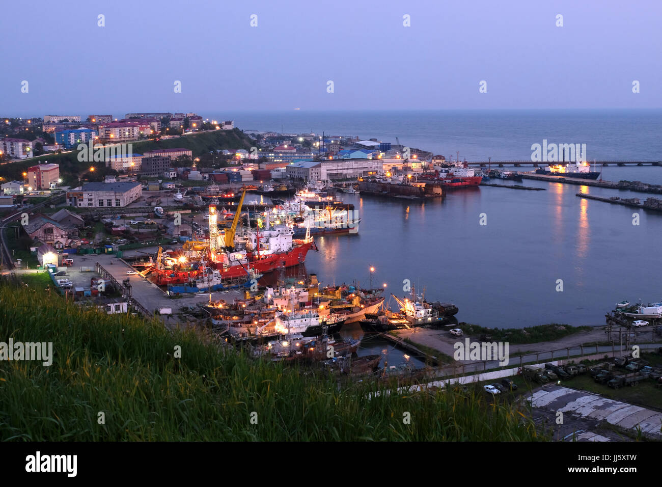 View of the port of Korsakov town on the shores of Aniwa Bay, or Aniva ...
