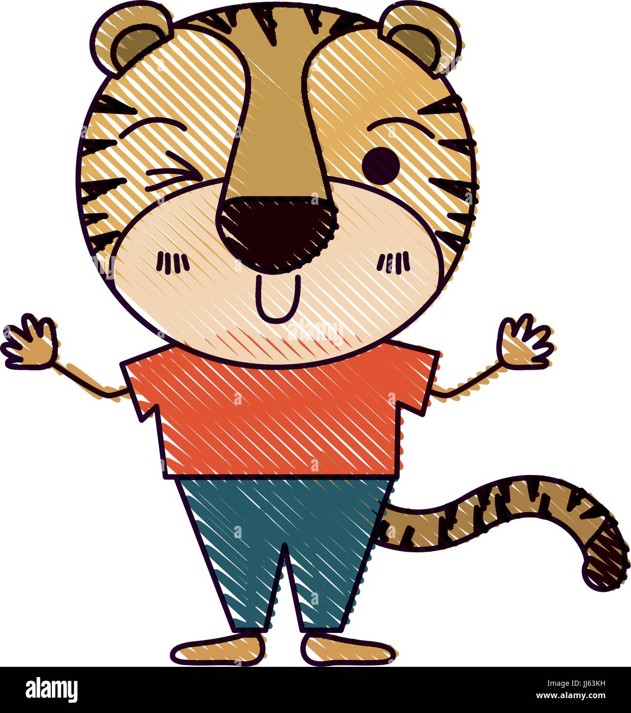 color crayon silhouette caricature of cute tiger wink eye expression in ...