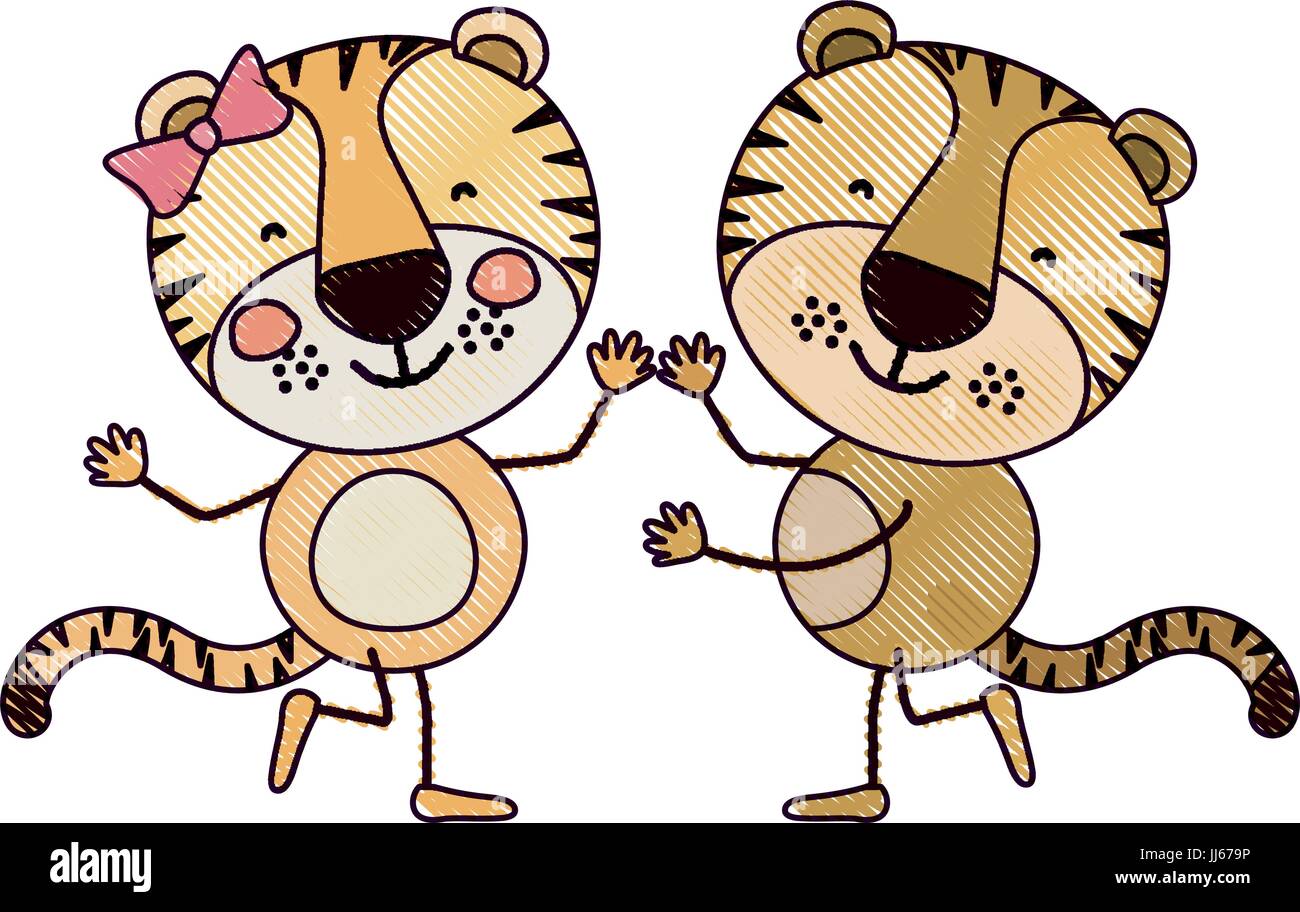 color crayon silhouette caricature with couple of tigers dancing Stock ...