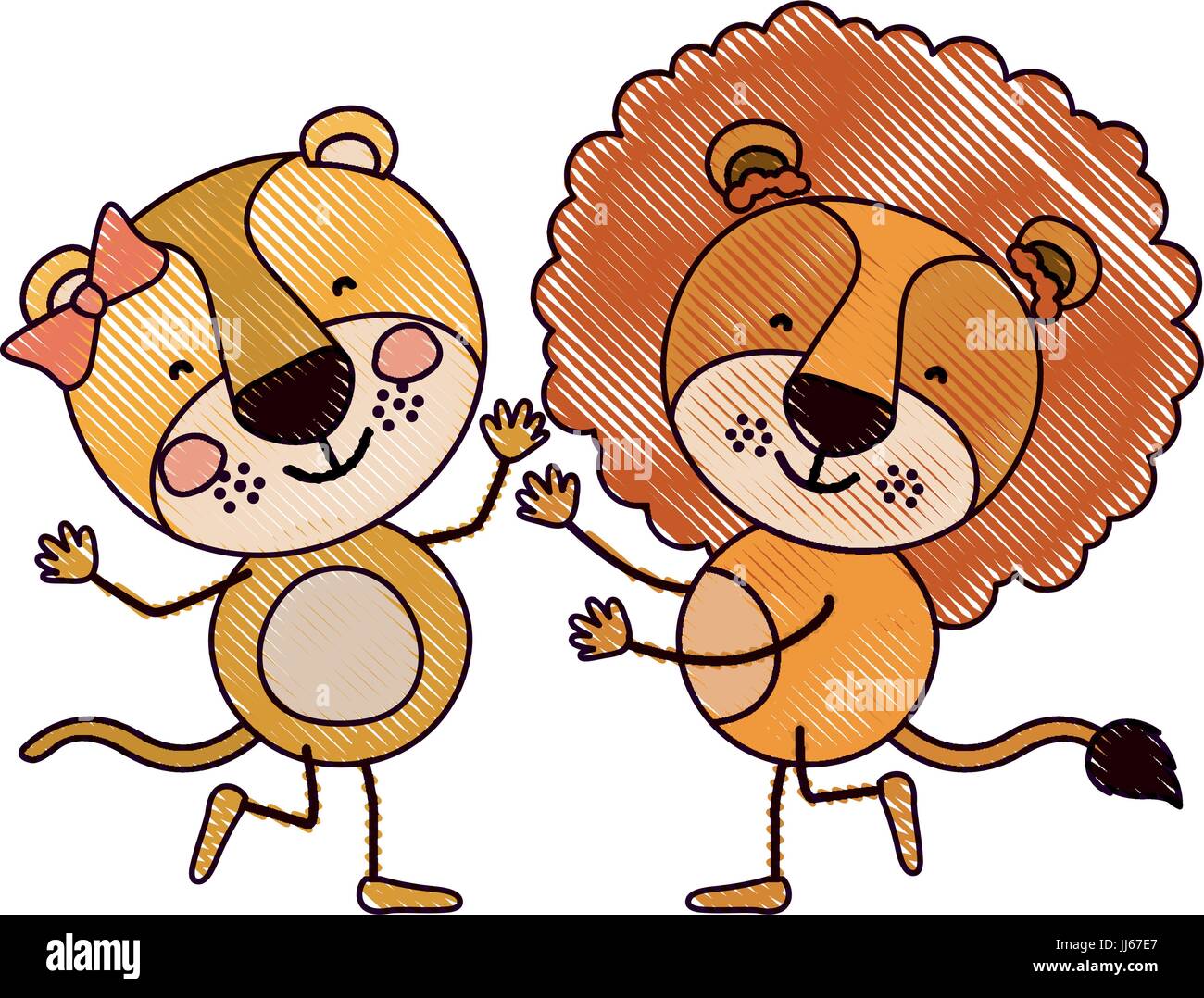 color crayon silhouette caricature with couple of lioness and lion ...