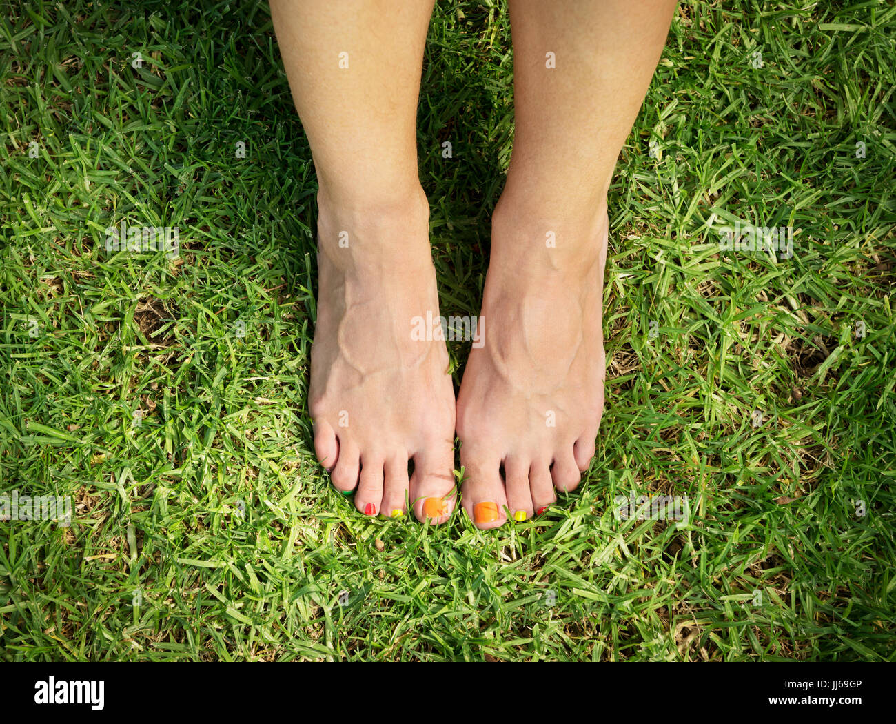 female feet with multi colored pedicure on the green grass Stock Photo ...