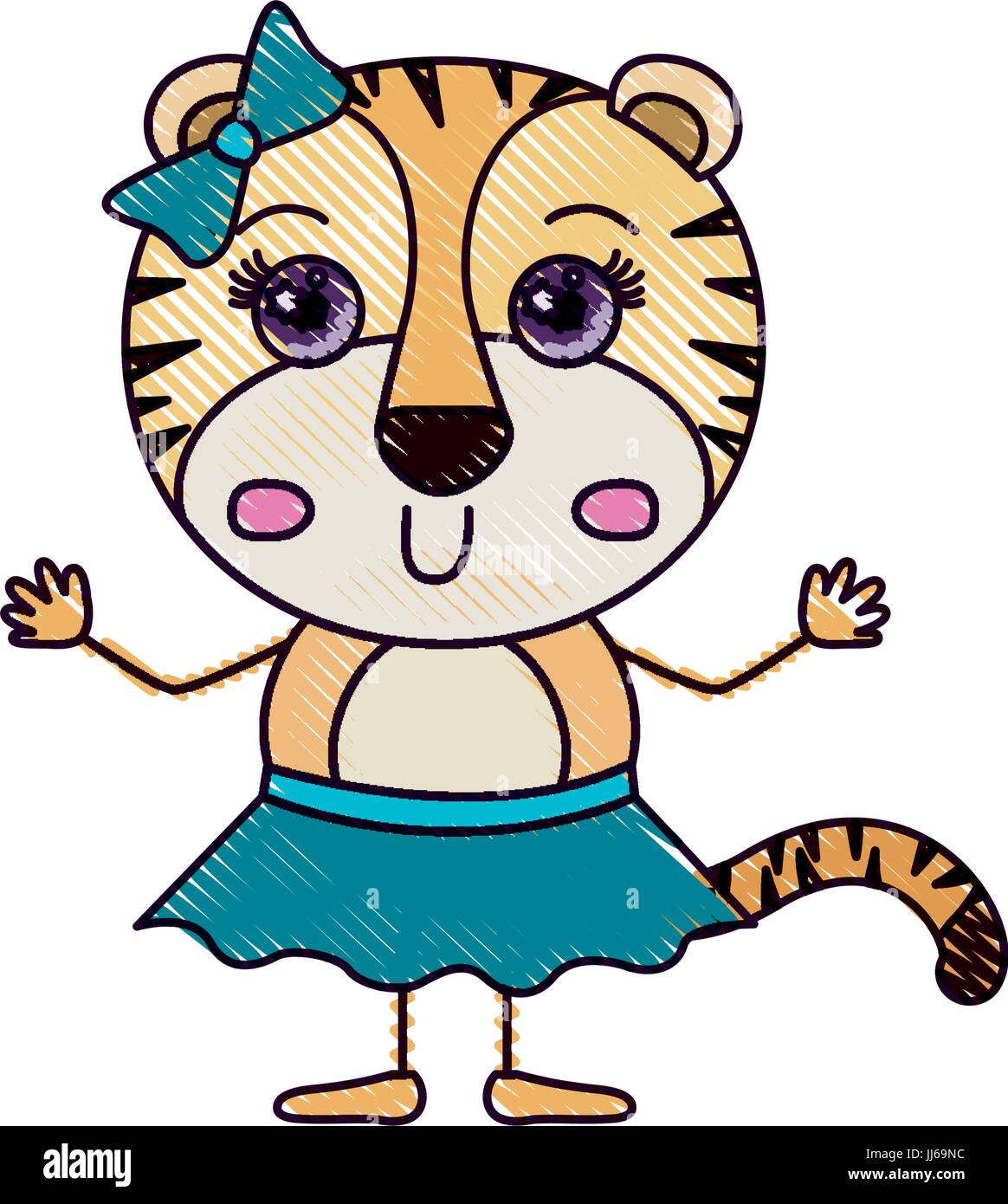 color crayon silhouette caricature of female tigress in skirt with bow ...
