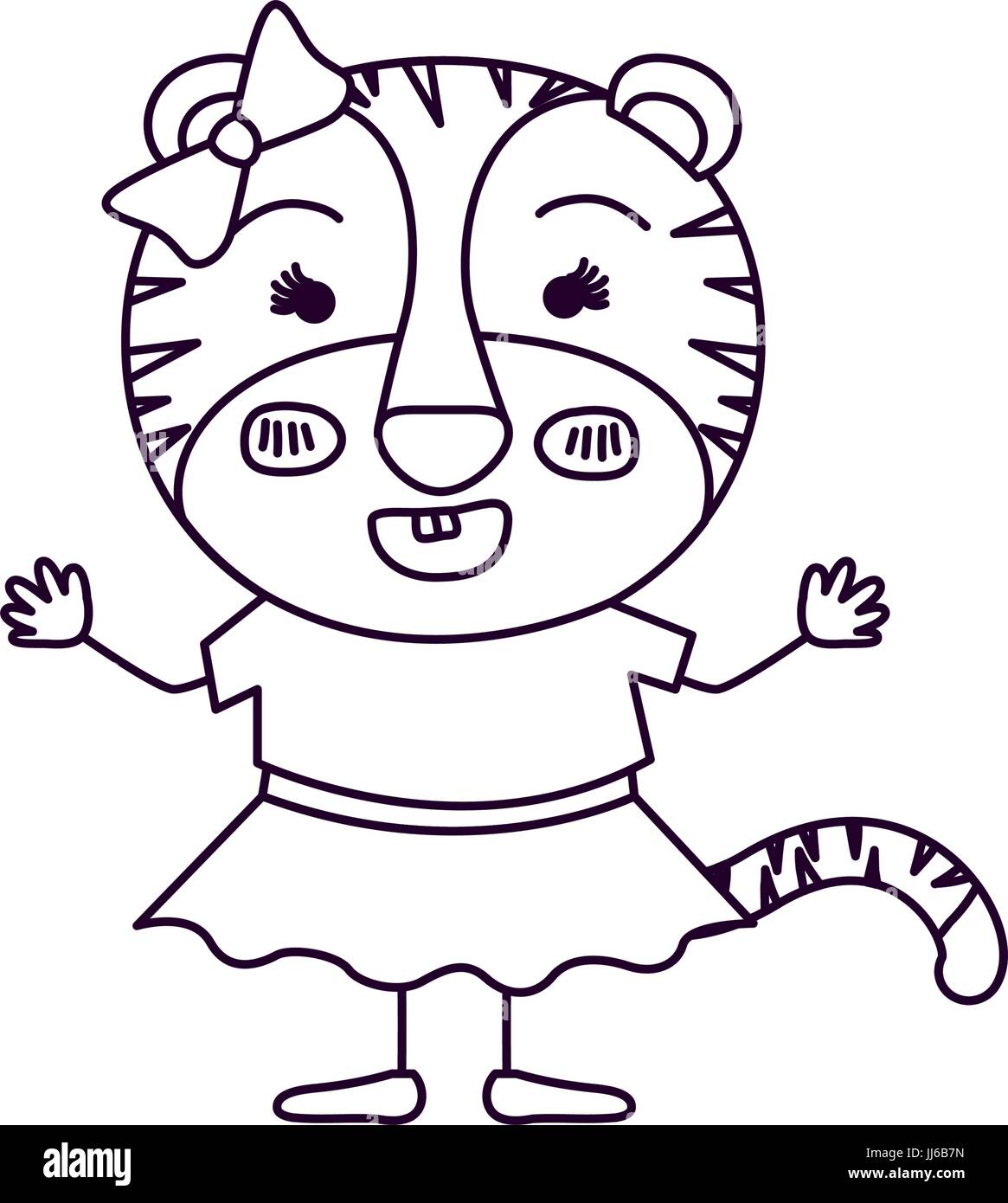 sketch silhouette caricature of female tigress in clothes with bow lace ...