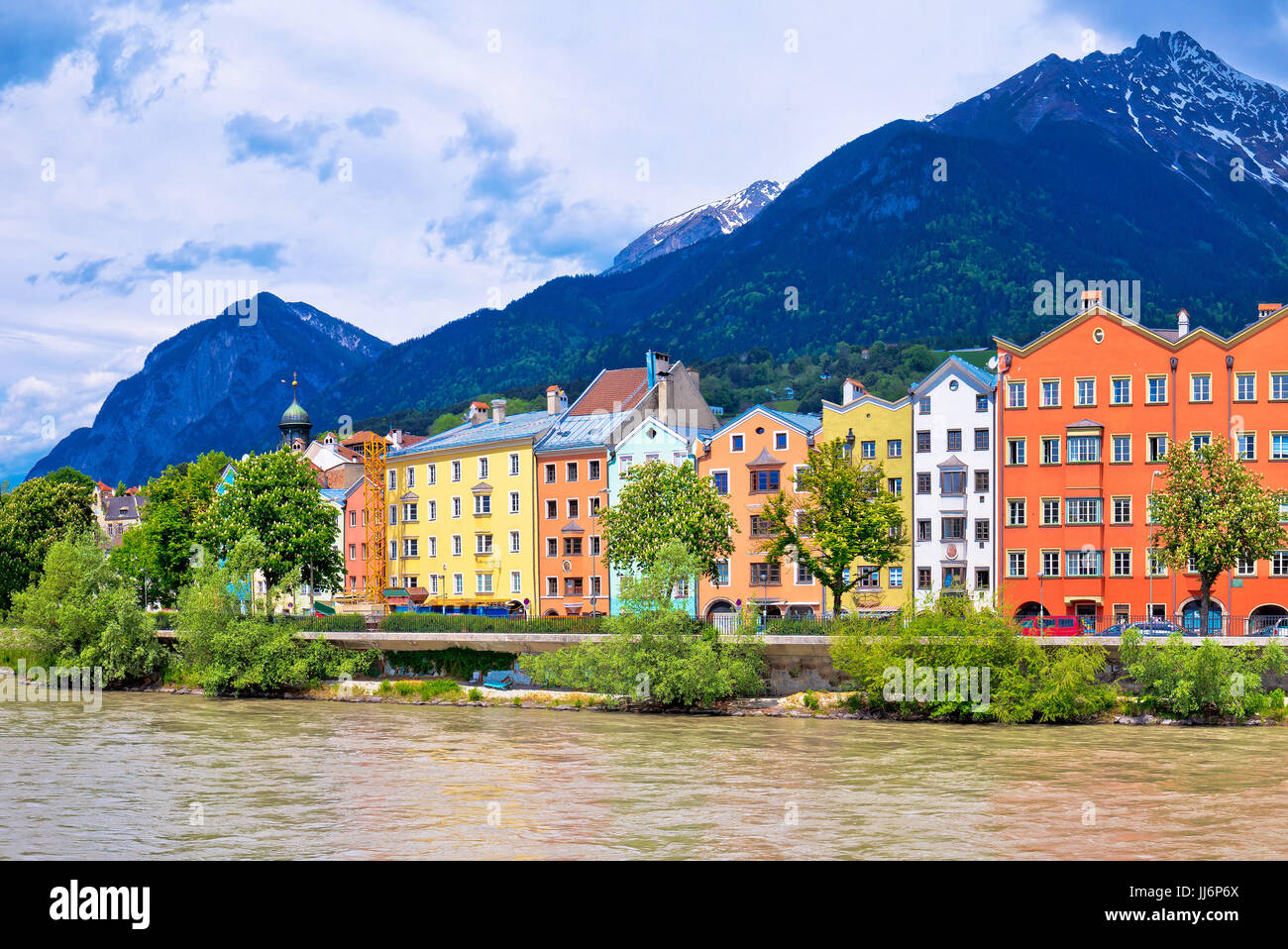 City of Innsbruck colorful Inn river waterfront panorama, Tyrol state ...