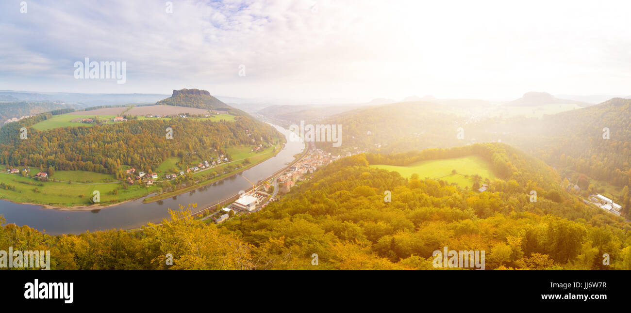 Sunrise in Saxon Alps, the dawn in a nature reserve near Dresden Stock ...