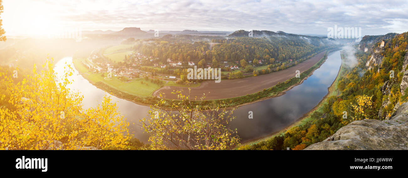 Sunrise in Saxon Alps, the dawn in a nature reserve near Dresden Stock ...