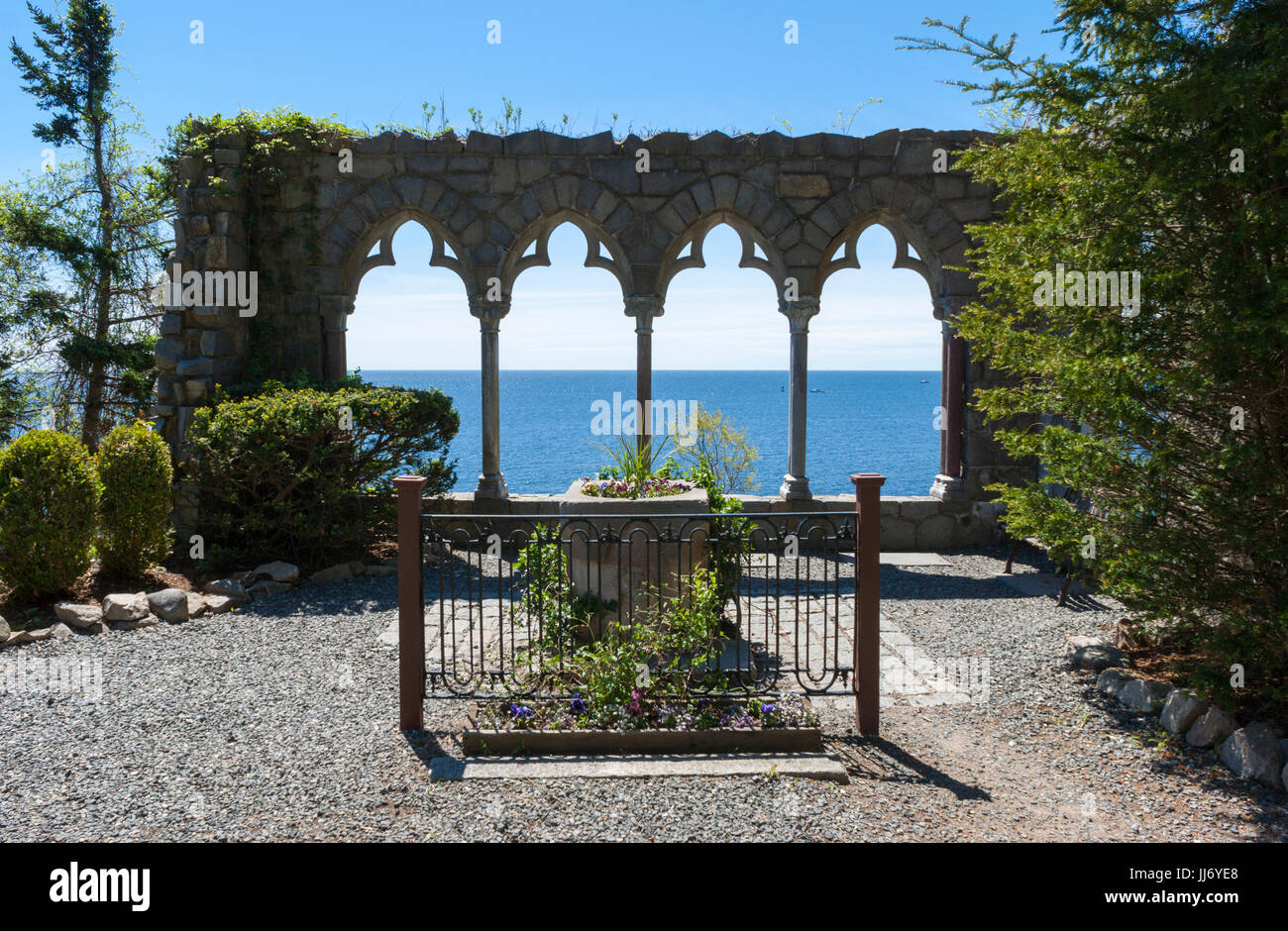 Oceanside balcony with trefoil gothic arches, at Hammond Castle, in ...