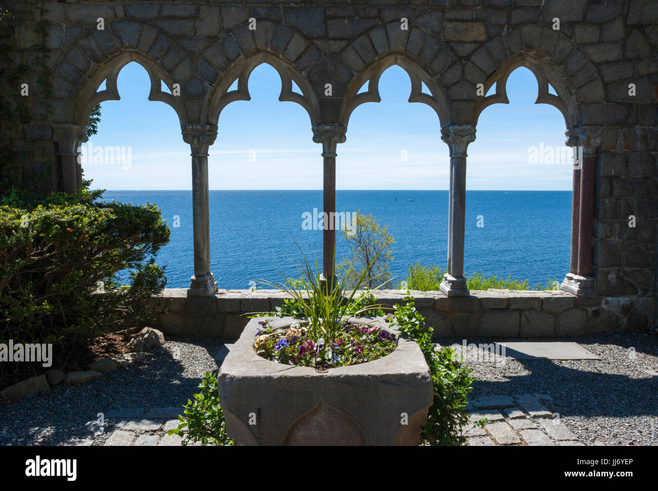 Oceanside balcony with trefoil gothic arches, at Hammond Castle, in ...