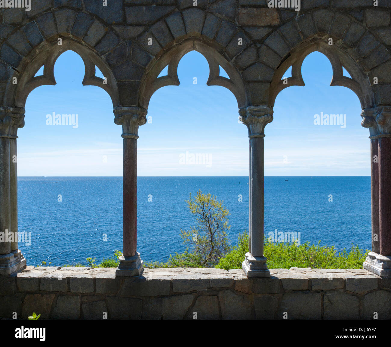 Oceanside balcony with trefoil gothic arches, at Hammond Castle, in ...