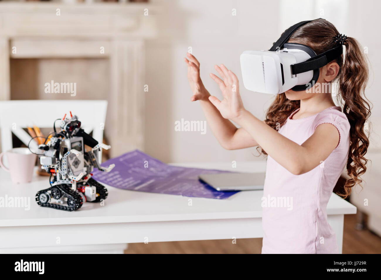 Profile photo of infatuated girl that raising hands Stock Photo - Alamy