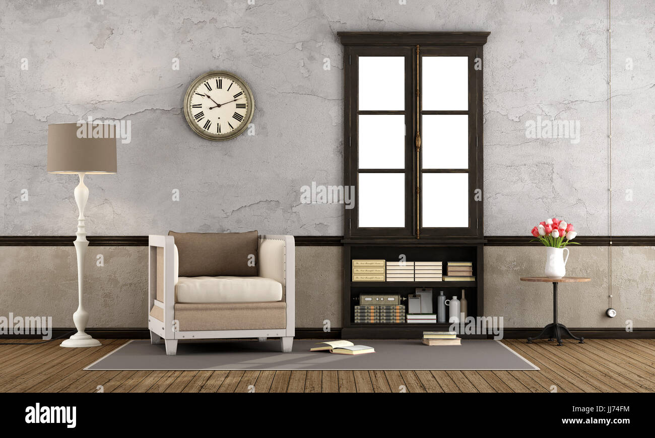 Retro living room with armchair and old wooden window - 3d rendering ...