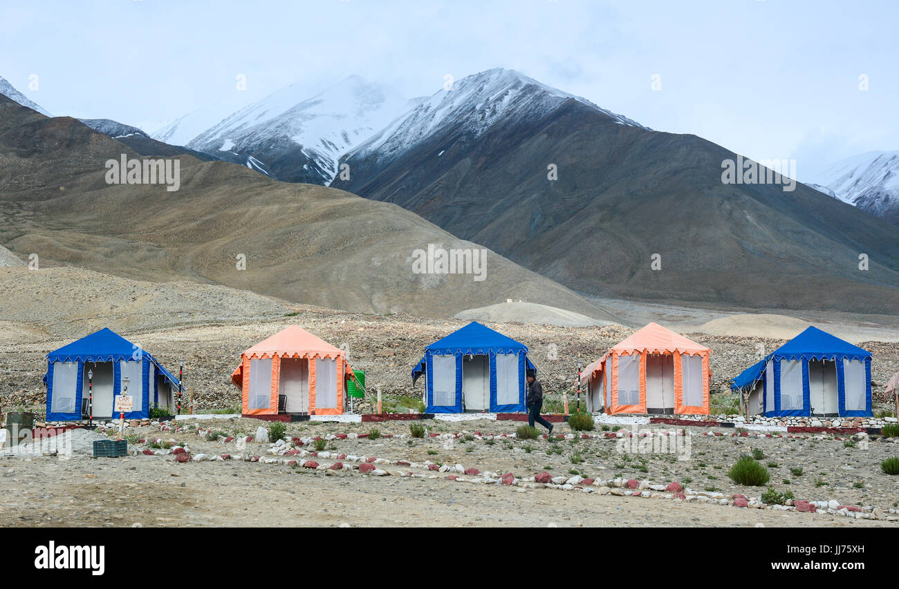 Tented tourist camps at Pangong Lake in Ladakh, India. Ladakh is the ...