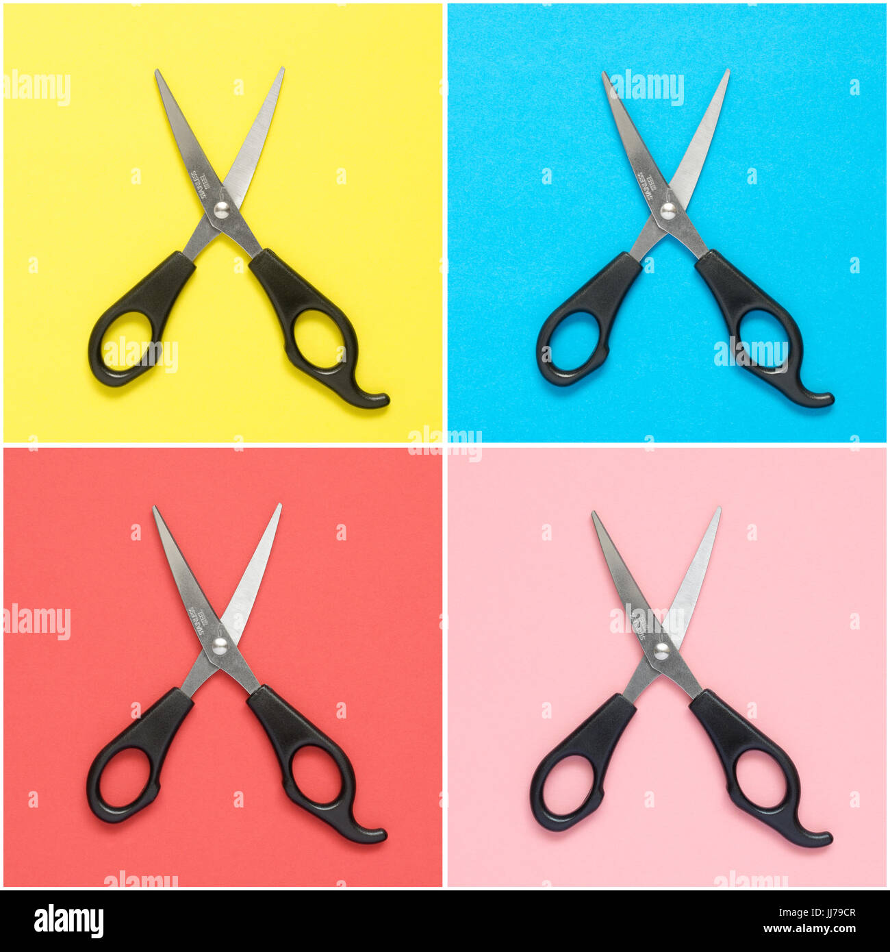 Collage of scissors on colorful paper background Stock Photo - Alamy